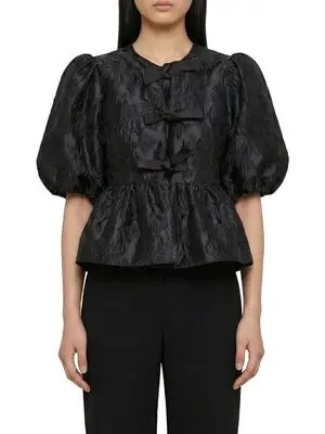 GANNI Jacquard Bow Detail Puff Sleeve Peplum Top - Black