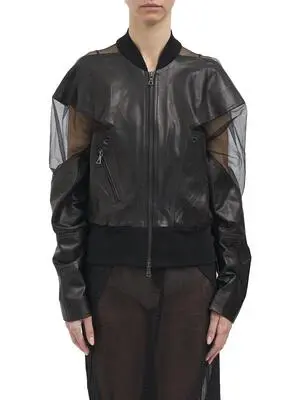YEHUAFAN Leather And Tulle Bomber Jacket - Black
