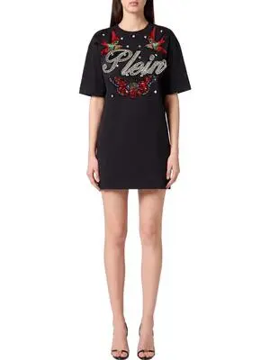 Philipp Plein Rhinestone Logo U-back Sheath Mini Dress - Black