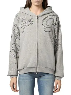 Philipp Plein Cotton Zip-up Hoodie With Rhinestone Embellished Logo - Grey