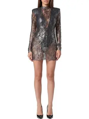 Philipp Plein Long-sleeved Lace Sheath Mini Dress - Black