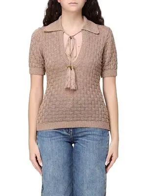 Elisabetta Franchi Viscose And Linen Knit Polo Shirt - Camel