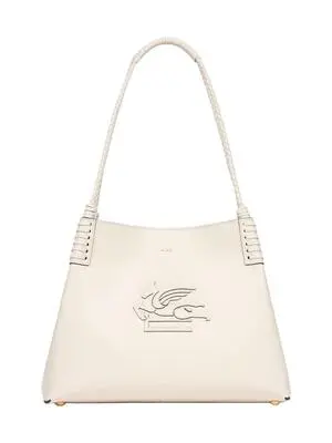Etro Libra Calfskin Shoulder Bag With Woven Handle And Logo - White
