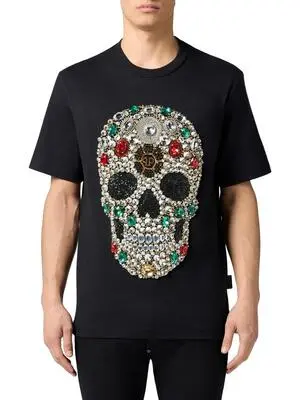 Philipp Plein Cotton T-shirt With Skull Print And Rhinestone Applications - Black