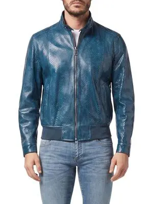 BILLIONAIRE Snakeskin Leather Bomber Jacket With High Collar - Turquoise