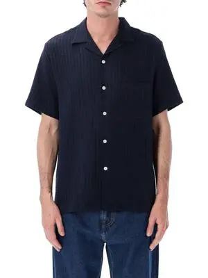 Portuguese Flannel Striped Cotton Bowling Shirt With A Cuban Collar - Blue