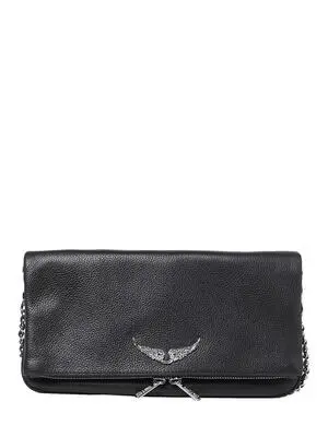 Zadig&Voltaire Zadig & Voltaire Black Leather Clutch With Silver Tone Wing Embellishment And Chain Strap Black