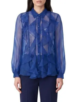HANITA Long Sleeve Silk Blouse With Ruffles - Blue