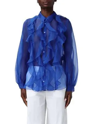 HANITA Long Sleeve Silk Blouse With Ruffles - Royal Blue
