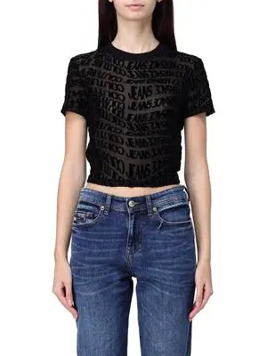 Versace Logo Print Mesh Top - Black
