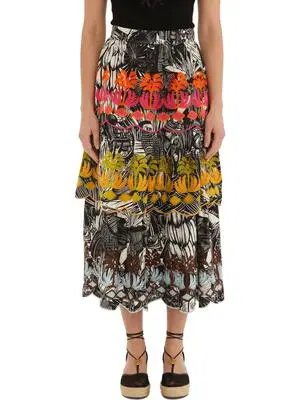 Farm Rio High-waist Tropical Print Embroidered Midi Skirt - Multicolor