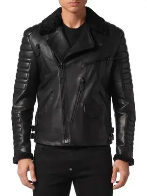 Philipp Plein Lambskin Biker Jacket With Shearling Collar - Black