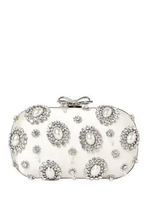 SELF-PORTRAIT Embellished Satin Clutch With Faux Pearls And Rhinestones - Beige