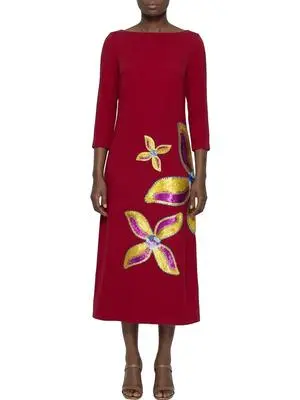 PAULA Crêpe Midi Dress With Floral Embroidery And Sequins - Red