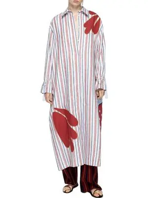 PAULA Linen Striped Midi Shirtdress With Embroidered Accents - Multicolor