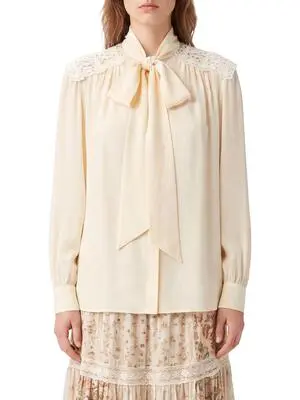 Chloé Satin Blouse With Lace Inserts And Pussy Bow - Milk