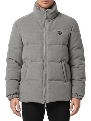 Philipp Plein Wool Down Jacket With Logo And Slogan - Grey