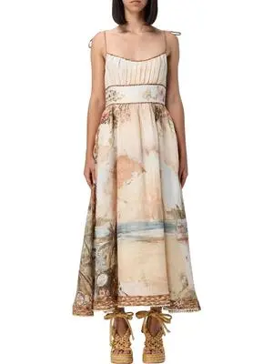Zimmermann Zimmermann Mahon Graphic Print Linen Midi Dress Multicolor