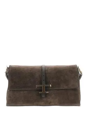 TOD'S Suede Shoulder Bag With Gold Tone T Buckle - Brown