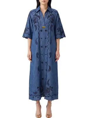 Zimmermann Aster Long Embroidered Cotton Denim Chemisier Dress - Blue