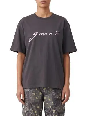 GANNI Organic Cotton T-shirt With Logo - Grey