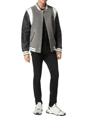 Philipp Plein Varsity Jacket With Leather Sleeves - Grey