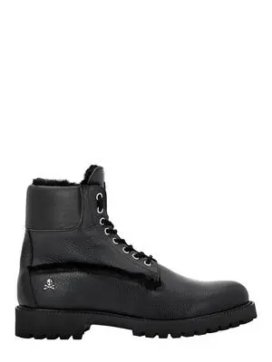 Philipp Plein Tumbled Leather Combat Boots With Pony Hair Inserts And Skull Appliqu - Black