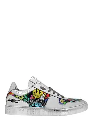 Philipp Plein Limited Edition Graphic Print Patent Leather Low Top Sneakers - Silver
