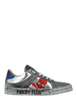 Philipp Plein Suede Sneakers With Laminated Skull Print - Silver