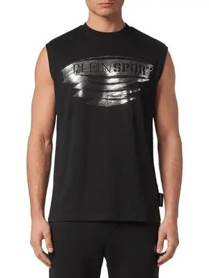PLEIN SPORT Cotton Crewneck Tank Top With Contrast Laminated Logo - Black