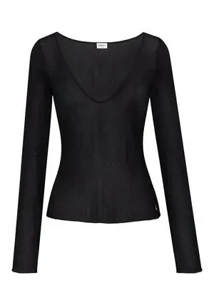 Saint Laurent Cassandre V-neck Ribbed Silk Top - Black