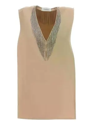 Sportmax Sleeveless V-neck Tank Top With Rhinestone Fringe Trim - Neutrals