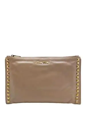 Miu Miu 2010-2026 Studded Leather Zip Clutch Bag - Neutrals