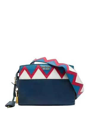 Prada 2021-2026 Medium Saffiano Trimmed City Calf Greca Esplanade Crossbody Satchel - Blue