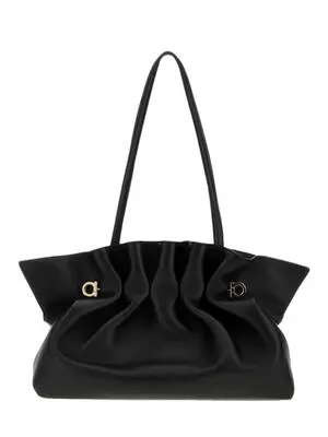 FERRAGAMO Gancini Ruched Shoulder Bag - Black