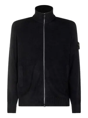 Stone Island Rws Wool High Neck Zip-up Jumper - Black