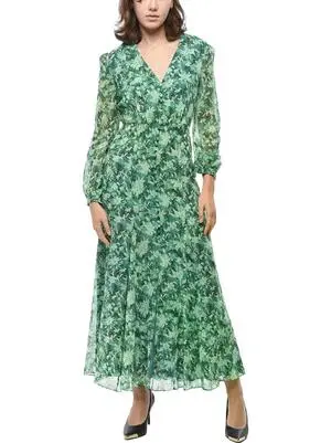 Saloni Annabelle Botanical Print Silk Dress - Green