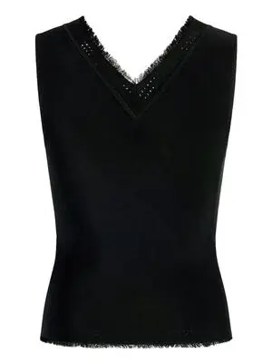 Adam Lippes Knitted V-neck Sleeveless Top With Fringe Trim - Black