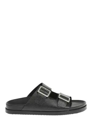 Corneliani Hammered Leather Double Buckle Sandals - Black