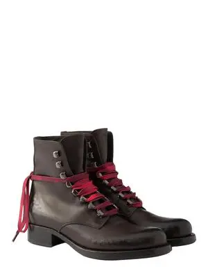 Prada Leather Laced Booties With Antiqued Finish - Teak