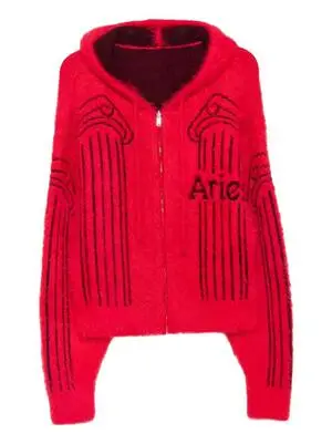 Aries Column-print Zip-fastening Hoodie - Red