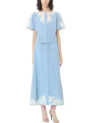 Valentino Garavani Embroidered Denim Midi Skirt - Blue