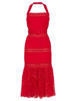 SELF-PORTRAIT Floral Lace Paneled Belted Midi Dress - Red