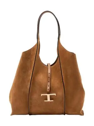 TOD'S T-plaque Suede Tote Tan
