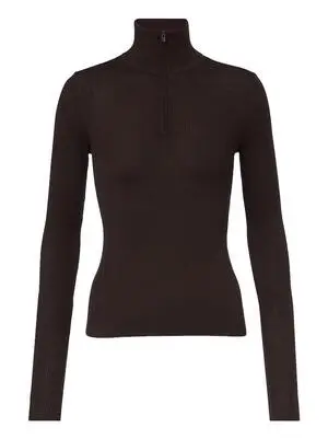 THE FRANKIE SHOP Sade Ribbed-knit Wool And Silk Half-zip Sweater - Brown