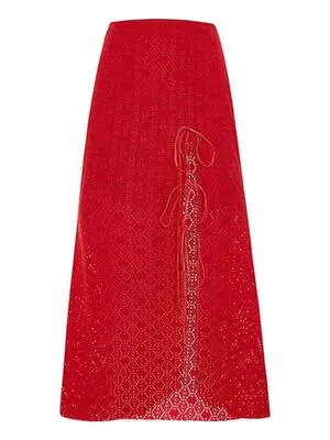 PCFG Broderie Anglaise Embroidered Midi Skirt With Side Slit And Ribbon Tie - Red