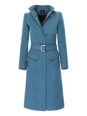 AVENUE N°29 Belted Midi Wool Blend Coat - Blue