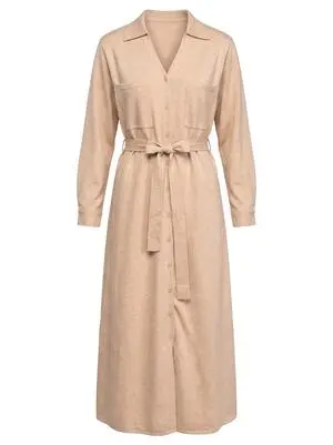 TANTRA SPAIN SL Long Knit Shirt Dress With Chest Pockets And Belt - Beige