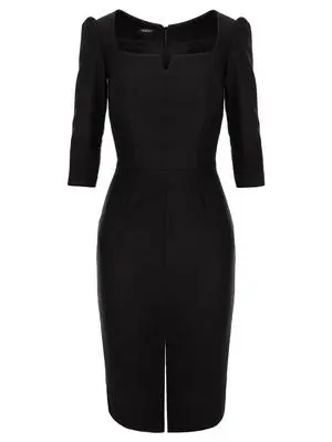 AVENUE N°29 Virgin Wool Midi Dress With V-neck Detail - Black