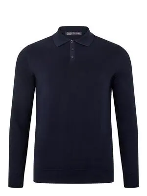 PAUL JAMES KNITWEAR Lightweight Cotton Hall Long Sleeve Knitted Polo Shirt Navy - Blue